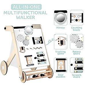 Beright Wooden Baby Walker with Roller, Push and Pull Learning Activity Walker, Multi-Functional Kids’ Activity Toy, Multiple Activities Center, Develops Motor Skills & Stimulates Creativity