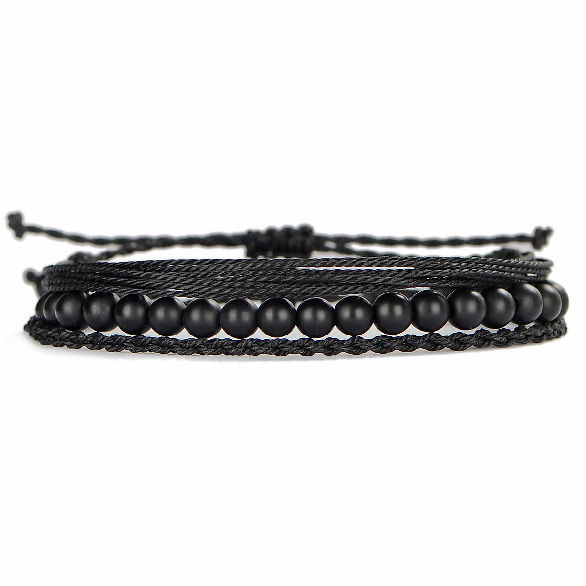QOGIR Handmade Healing Bracelets, 6mm Matte Black Onyx Bracelet Black Beaded Bracelets for Men Women with 2PCS Size Adjustable Rope Bracelets