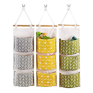 Votono Hanging Storage Bag Wall Mounted 3-Bag Door Organizer Linen Cotton Fabric 2 Pack for Room and Bathroom (2 Pack Green)