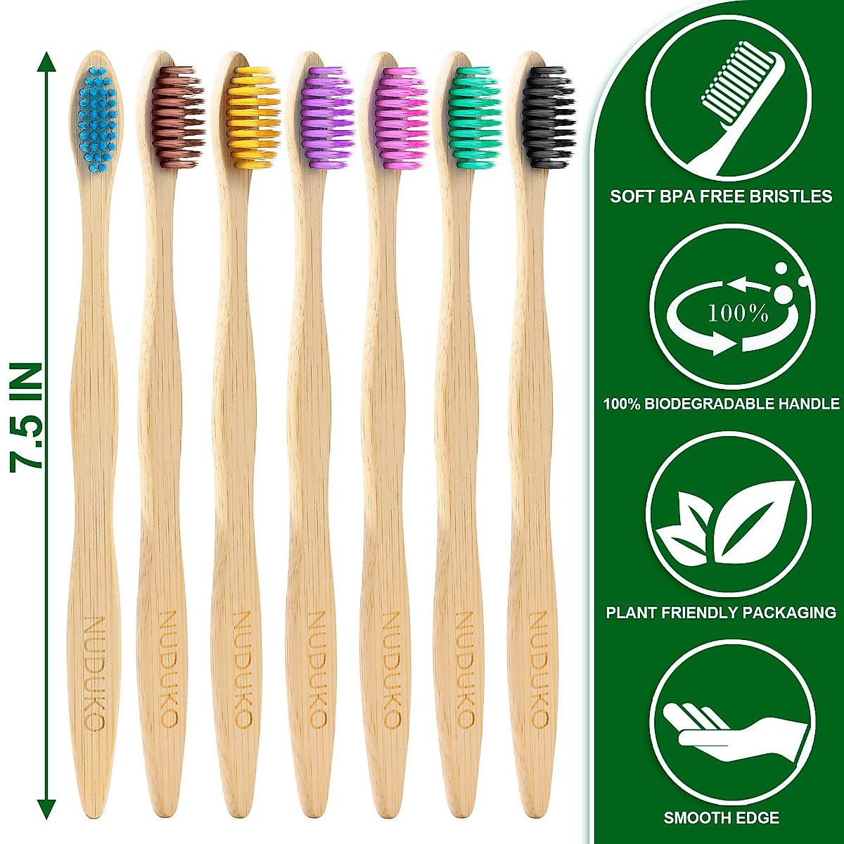 NUDUKO Biodegradable Bamboo Toothbrushes, 10 Piece BPA Free Soft Bristles Toothbrushes, Natural, Eco-Friendly, Green and Compostable (Multicolored Bristles)