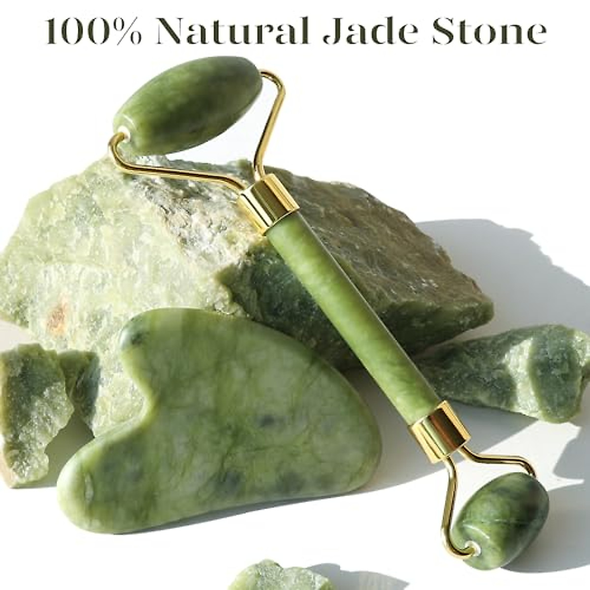 BAIMEI Jade Roller & Gua Sha, Face Roller, Facial Beauty Roller Skin Care Tools, Self Care Gift for Men Women, Massager for Face, Eyes, Neck, Relieve Fine Lines and Wrinkles - Green