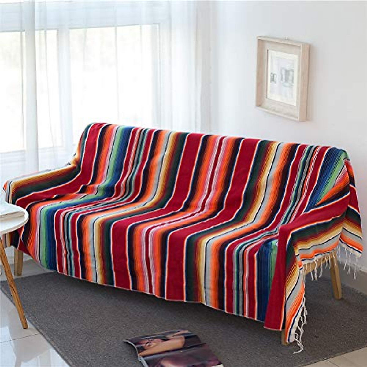 JQZ Mexican Serape Blanket with Tassel Bright Colorful Stripe Rainbow Throw Blanket Yoga Beach Blanket Tablecloth Sofa Cover(Red, 60" X 82")