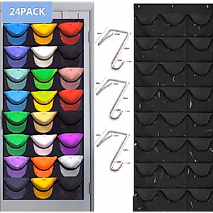 KHIKILY Baseball Hat Rack, 24 Pocket Over-The-Door Cap Organizer with Clear Deep Pockets Wall Mount Bag for Baseball Caps and Hats (Black)