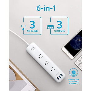 Anker Power Strip with USB, 3-Outlet & 3 PowerIQ USB Power Strip, PowerPort Strip 3 with 5 Foot Long Extension Cord, Flat Plug, Safety Shutter, for Home, Office