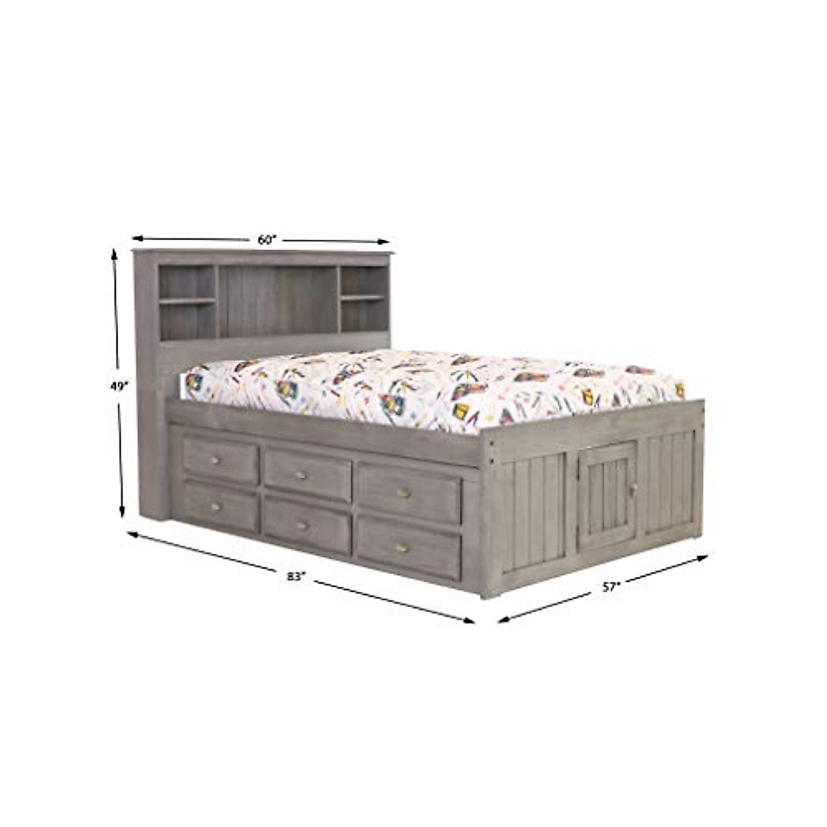 Discovery World Furniture Charcoal Full Size Bookcase Captain Bed with 6 Drawer Storage on ONE Side Opposite Side is Open