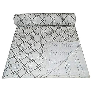 MAVISS HOMES Beautiful Indian Hand Block Printed Queen Kantha Quilt | Pure Cotton Vintage Kantha Quilt | Throw Blanket; Grey