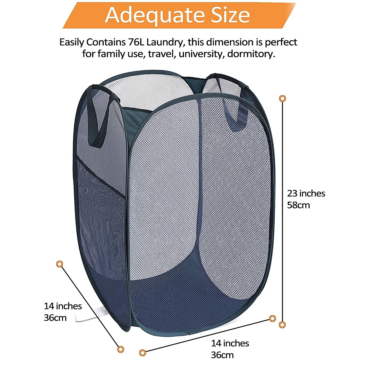 2 Pack Collapsible Laundry Baskets - Foldable Clothes Hampers for Laundry - Sturdy Pop Up Laundry Hampers for Home, Bedroom, Dorm, Kids Room, Travel Navy