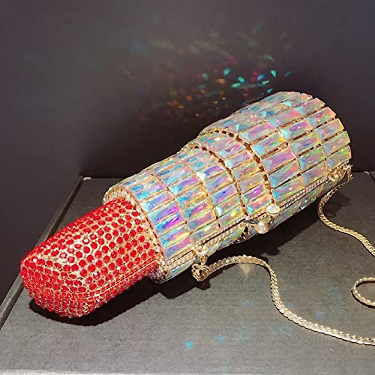 DEBIMY Women Rhinestone Crystal Lipstick Shape Evening Clutch Vintage Wedding Party Banquet Handbag Purses Red Black