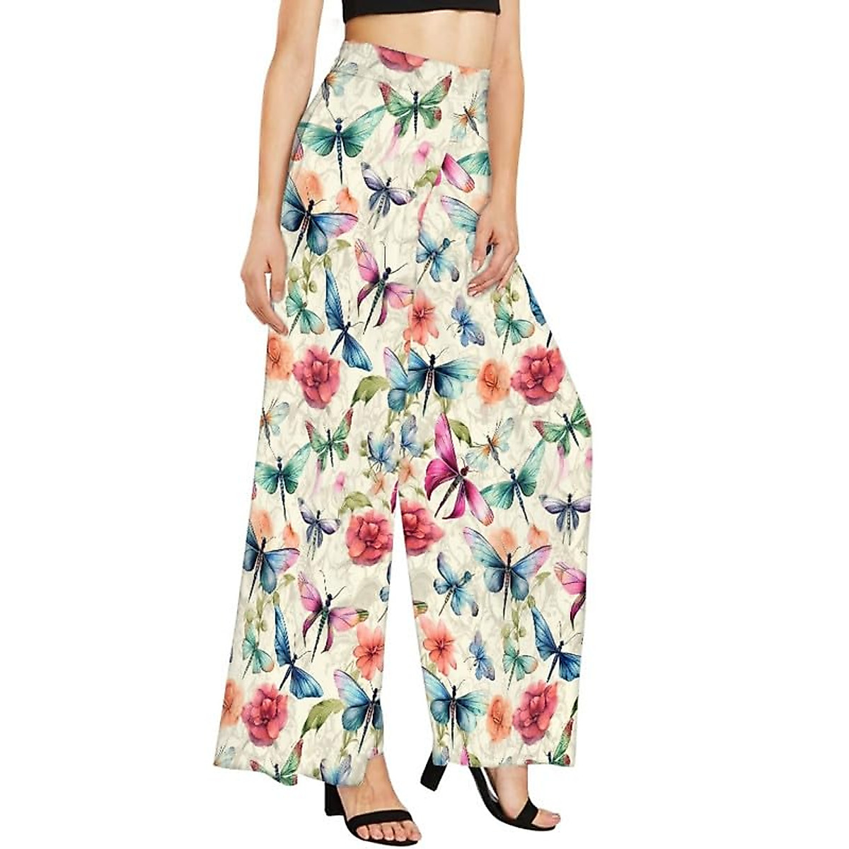 Irisjudy Women's Comfy Yoga Sweatpants Watercolor Dragonfly Casual Pajamas, Paint Dragonfly Floral Palazzo Lounge Pants Stretchy Loose Fit Casual Trousers