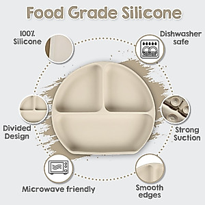 Baby Feeding Set Silicone Suction Bowls-Sippy and Snack Cup-Divided Plate-Feeding Eating Utensils Set with Bibs (Pink)