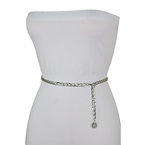 Women Fashion Skinny Belt High Waist Hip Silver Metal Chain Coin Charm Buckle Fit Size XS S M