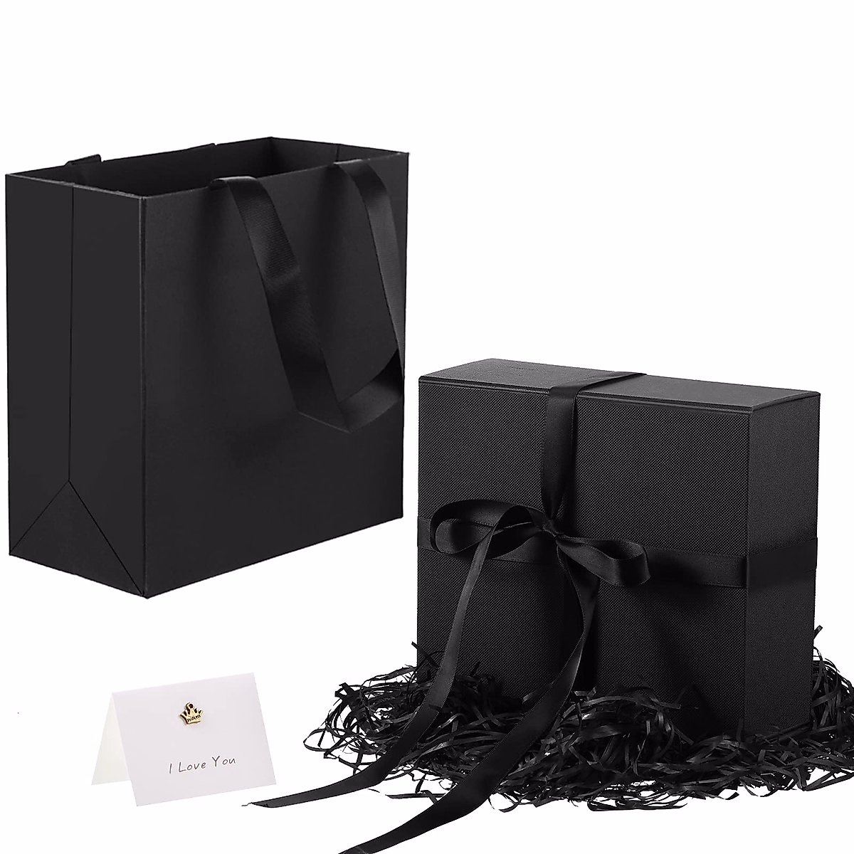 Gift Box 8 x 7 x 3 Inch,Valentines Day Present Box with Lid Paper Bridesmaids Proposal Box with Present Bag Card Ribbon Paper Filler,Gift Boxes for Presents,Wedding Birthdays Gift Packging (Black)