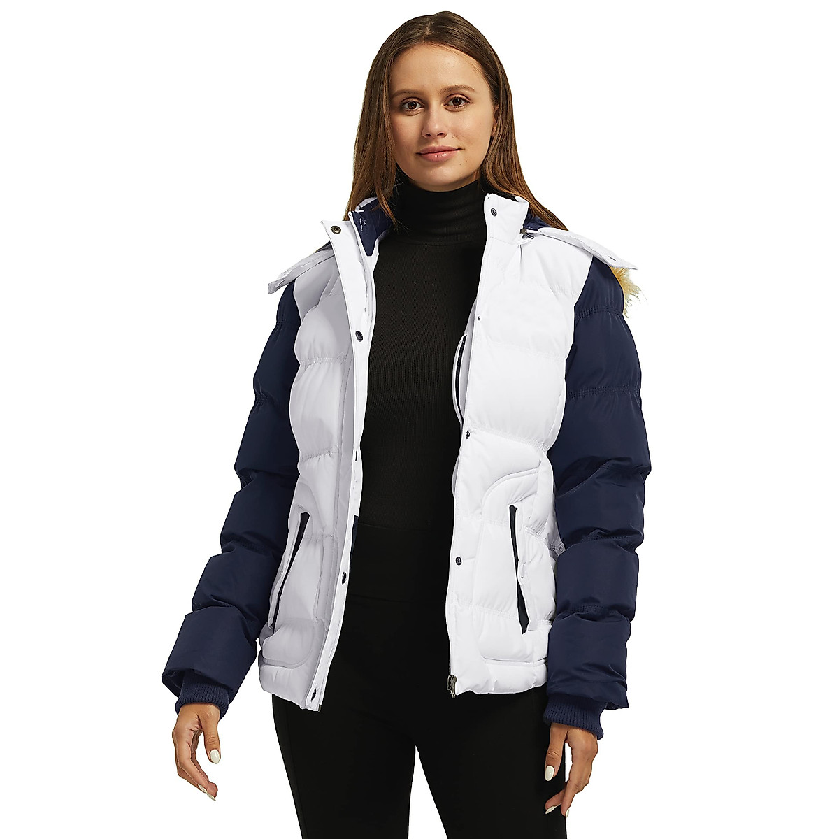 wantdo Women's Insulated Puffer Jacket Warm Heavy Insulated Coat (White & Navy, Medium)