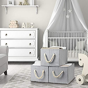 Robuy Fabric Storage Bins with Cotton Rope Handle Collapsible Stroage Basket for Home Office Nursery and More Grey Bamboo Fabric 3-Pack