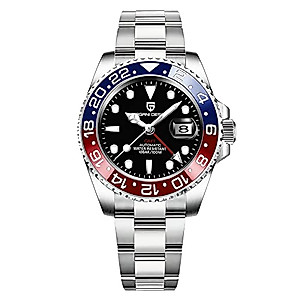 BY BENYAR Pagani Design Men GMT Automatic Watches-Fashion Stainless Steel Mechanical Watch-Sapphire Glass Lens Watch Men (Blue red)