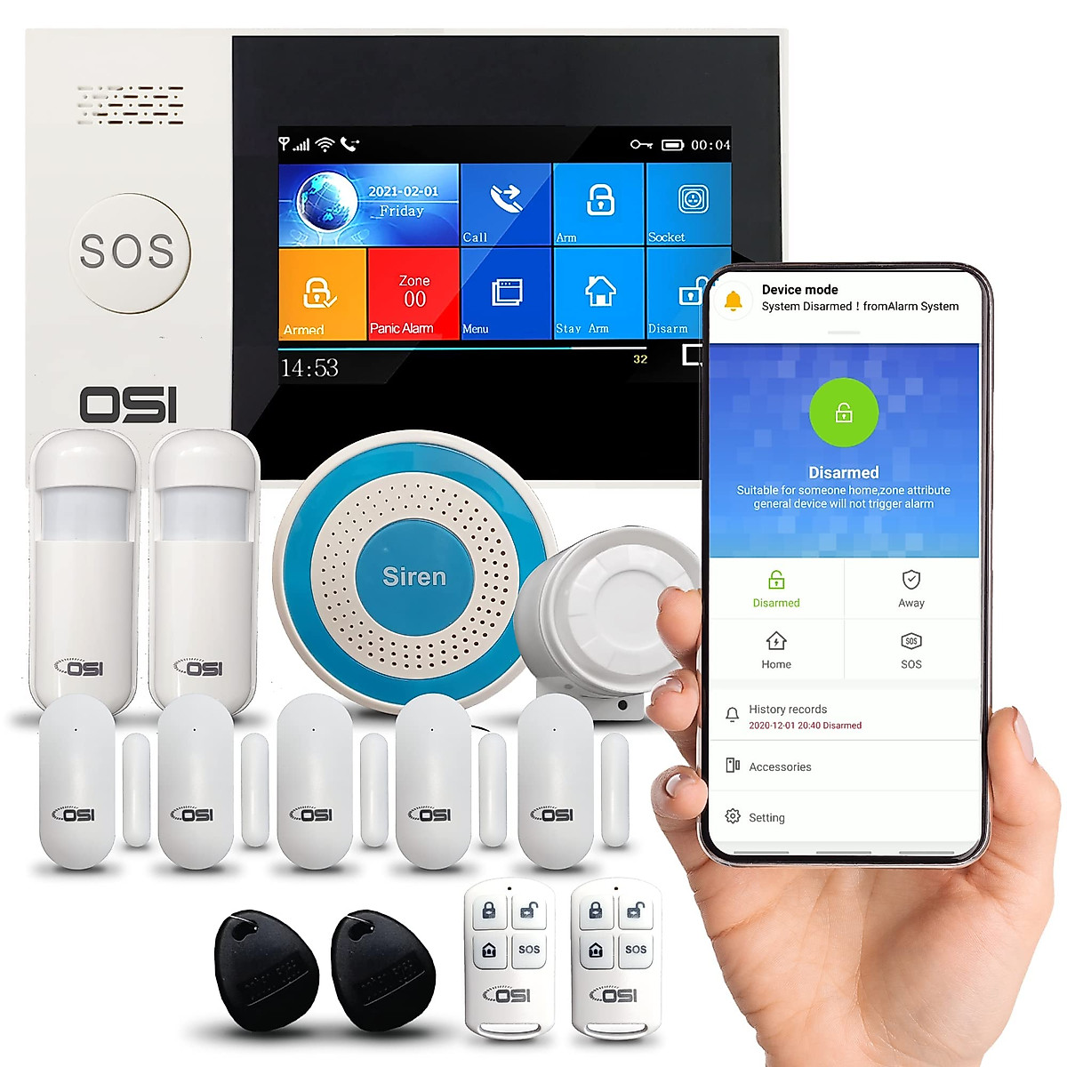 【OSI WIRELESS WIFI SMART HOME SECURITY DIY ALARM SYSTEM-14 PIECE (GEN 1)】DIY Home Wi-Fi Alarm Kit w/Motion detector,Notifications w/app,door/window sensor, siren,Compatible with Alexa,NO Monthly Fees