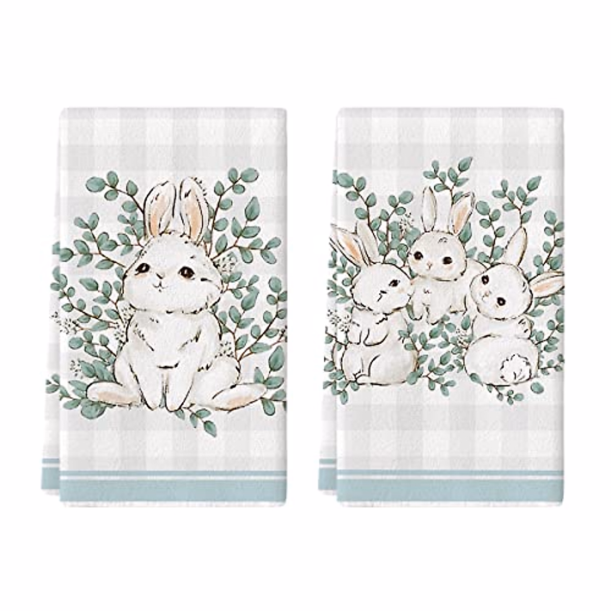 Artoid Mode Buffalo Plaid Rabbit Bunny Eucalyptus Leaves Easter Kitchen Towels Dish Towels, 18x26 Inch Seasonal Spring Holiday Decoration Hand Towels Set of 2