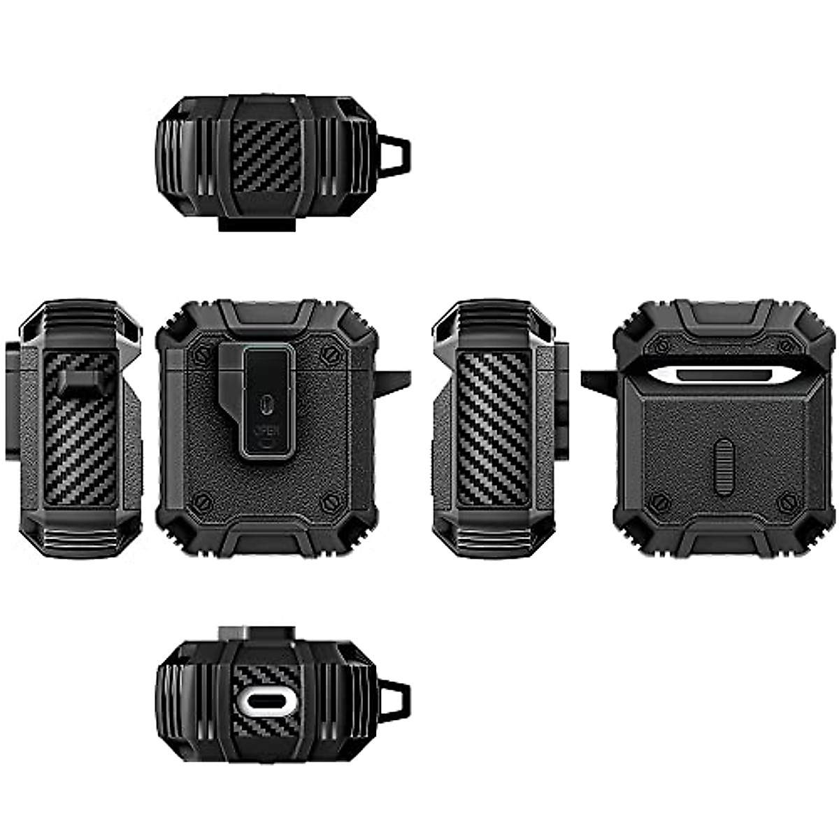 Jusy Military Case Compatible with Airpods 1&2, Rugged Protective Cover with Keychain Clip Accessories, Full Body Shockproof Heavy Duty Hard Skin Wireless Charging (Black)