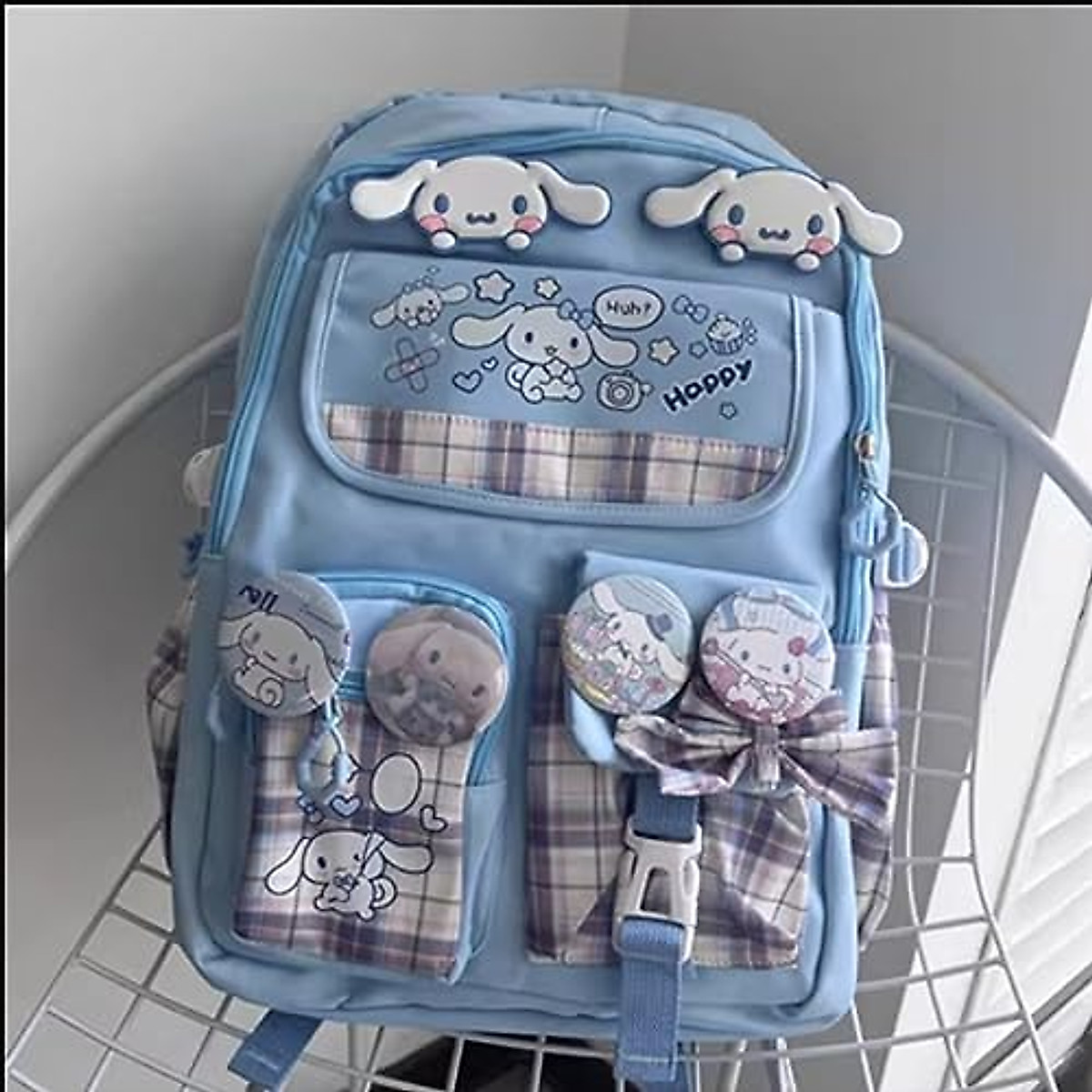 Kawaii Backpack with 18Pcs Accessories Anime Cartoon Anti-Theft Travel Aesthetic New Semester Gifts Bag with Cute Pins (Blue)
