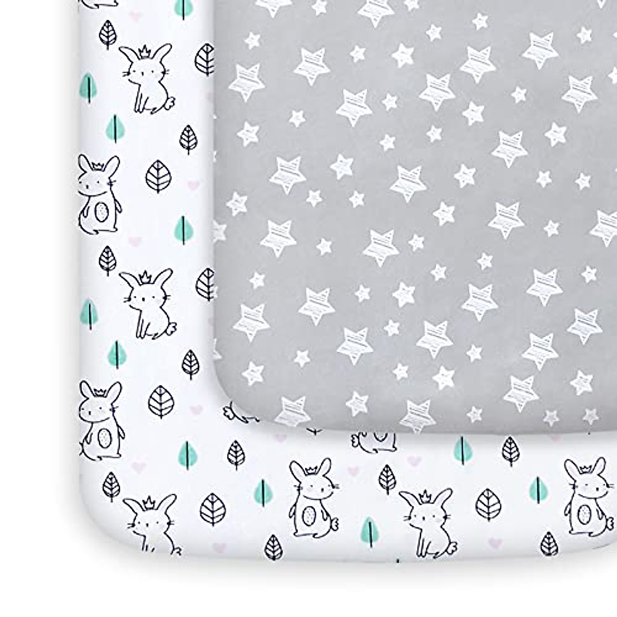 Pack and Play Sheets, 2 Mini Crib Stretchy n Playard Fitted Sheet, Compatible with Graco Play, Soft Breathable Material, Stars & Bunny