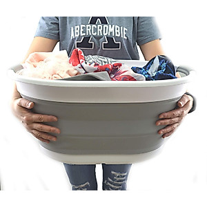 SAMMART 28L (7.4 gallon) Collapsible Plastic Laundry Basket-Oval Tub/Basket - Portable Washing Tub-Space Saving Laundry Hamper, Water capacity: 22L (5.8 gallon) (1, Grey)