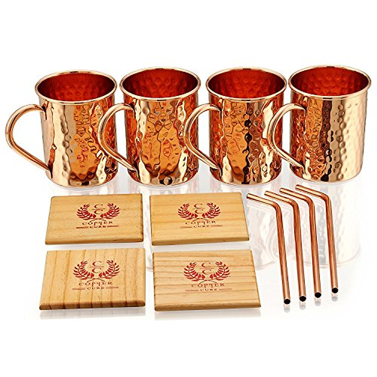 Gift Set Pure Copper Hammered Mugs with Copper Straws & Wooden Coasters Set of 4 - PREMIUM QUALITY -16 Oz Copper Mug - 100% Handcrafted - A Gift Pack for your loved Ones.