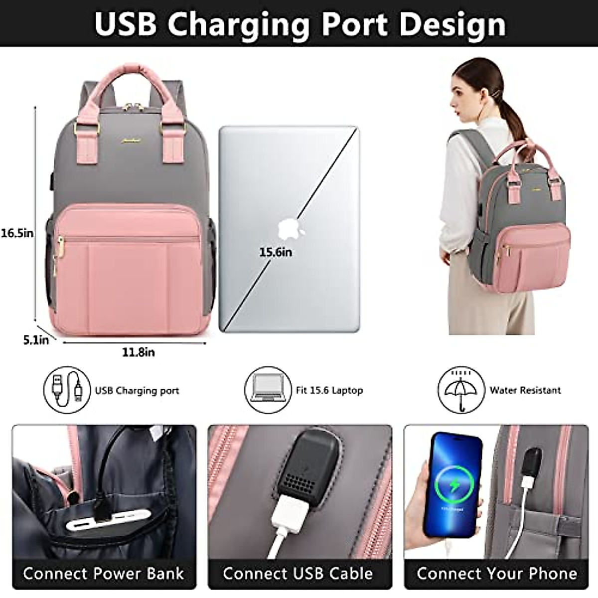 Focdod Laptop Backpack Women Work Bag: 15.6 Inch School College Backpacks Teacher Bags Purse Travel Computer Small Business Nurse Lightweight Back Pack with USB Charging Port Gift Pink
