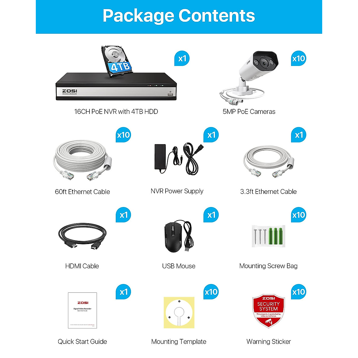 ZOSI 16CH 4K Spotlight Home PoE Security Camera System,H.265+ 16Channel 8MP NVR with 4TB HDD,10pcs 5MP Outdoor PoE IP Cameras,2 Way Audio,Night Vision,Person/Vehicle Detection,for 24-7 Recording