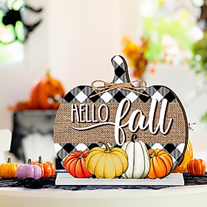 Geetery Thanksgiving Hello Fall Pumpkin Sign Decorations 12 Inch Double Printing Wooden Autumn Buffalo Plaid Welcome Tabletop Decor Farmhouse Thanksgiving Decorations for Harvest Living Room