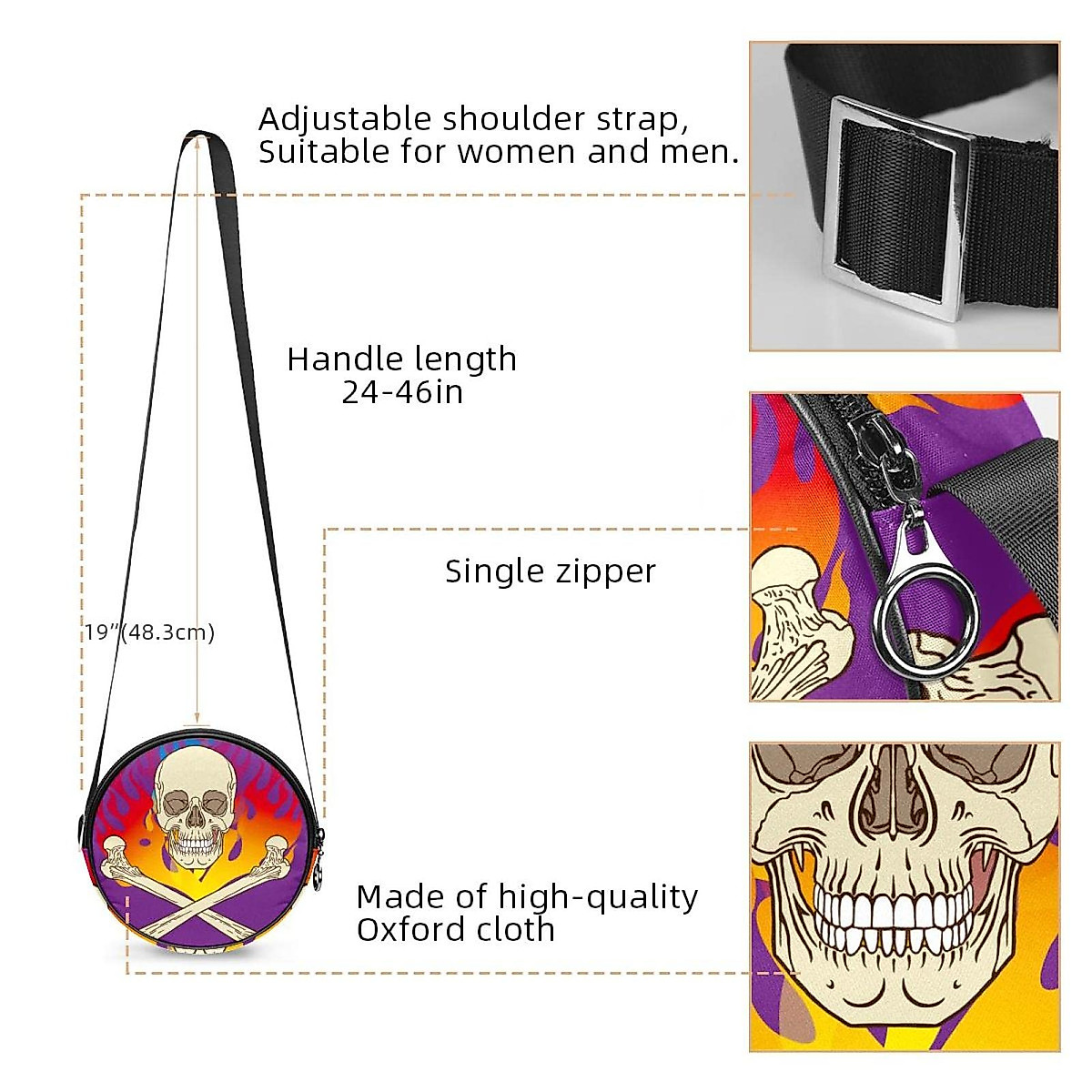 Skull Flame Purple Crossbody Bag for Women Teen Girls Round Canvas Shoulder Bag Purse Tote Handbag Bag