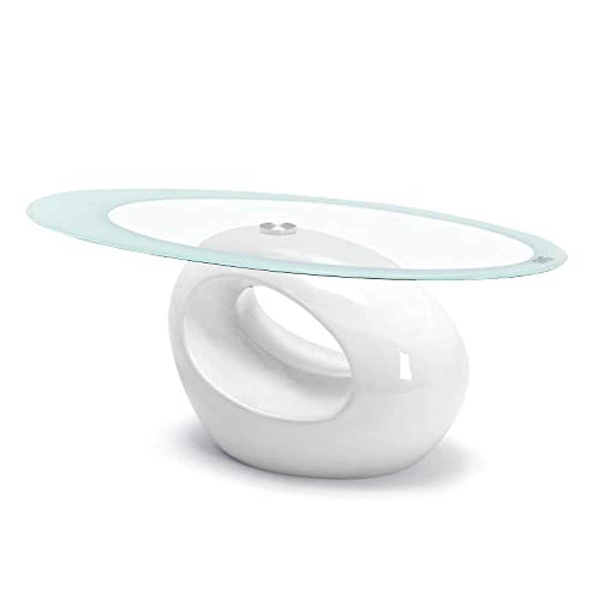 Modern White Glass Coffee Table for Living Room, with Glass Top & Glossy Solid Base for Storage, Sofa Side Central Table, Oval Glass Table Set for Living Room, Sitting Room