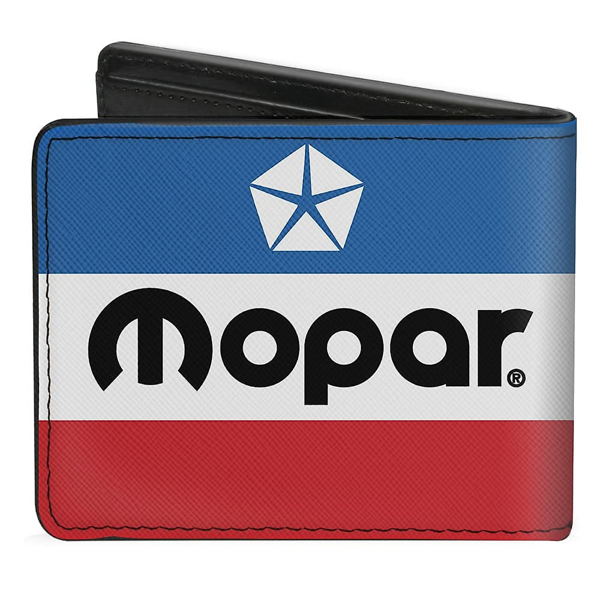 Buckle-Down Men's Mopar Wallet, Bifold, Chrysler Logo White Blue Red Black, Vegan Leather, 4.0" x 3.5"
