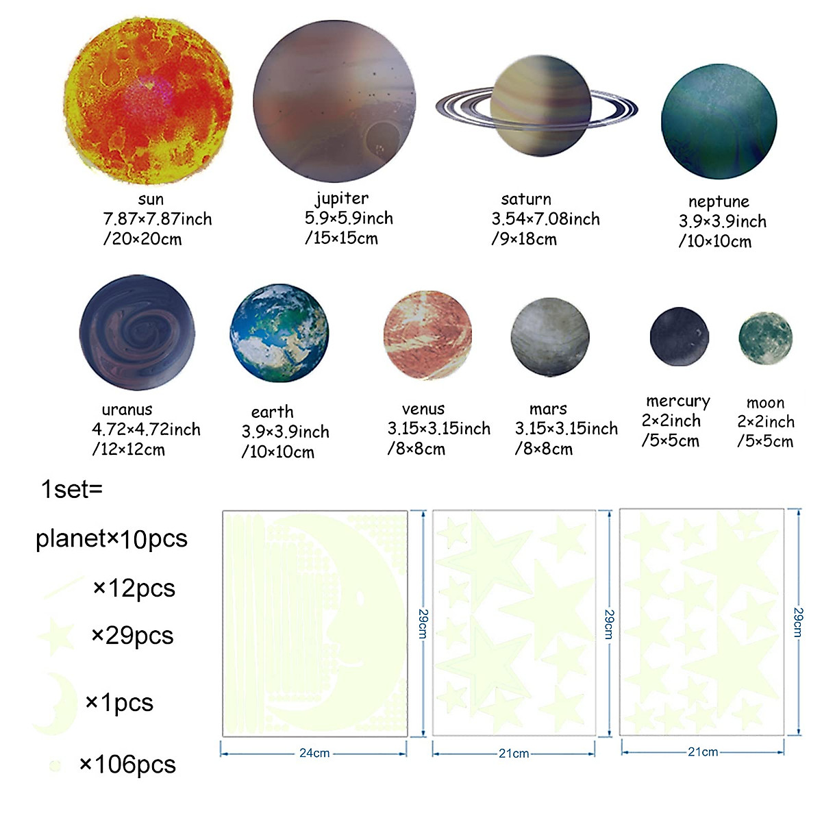 Blue Glow in The Dark Solar System Wall Decals,158 pcs Ceiling Light Stars and Moon Decoration, Planet Decor for Kids Boys Bedroom, Starry Sky Stickers for Nursery