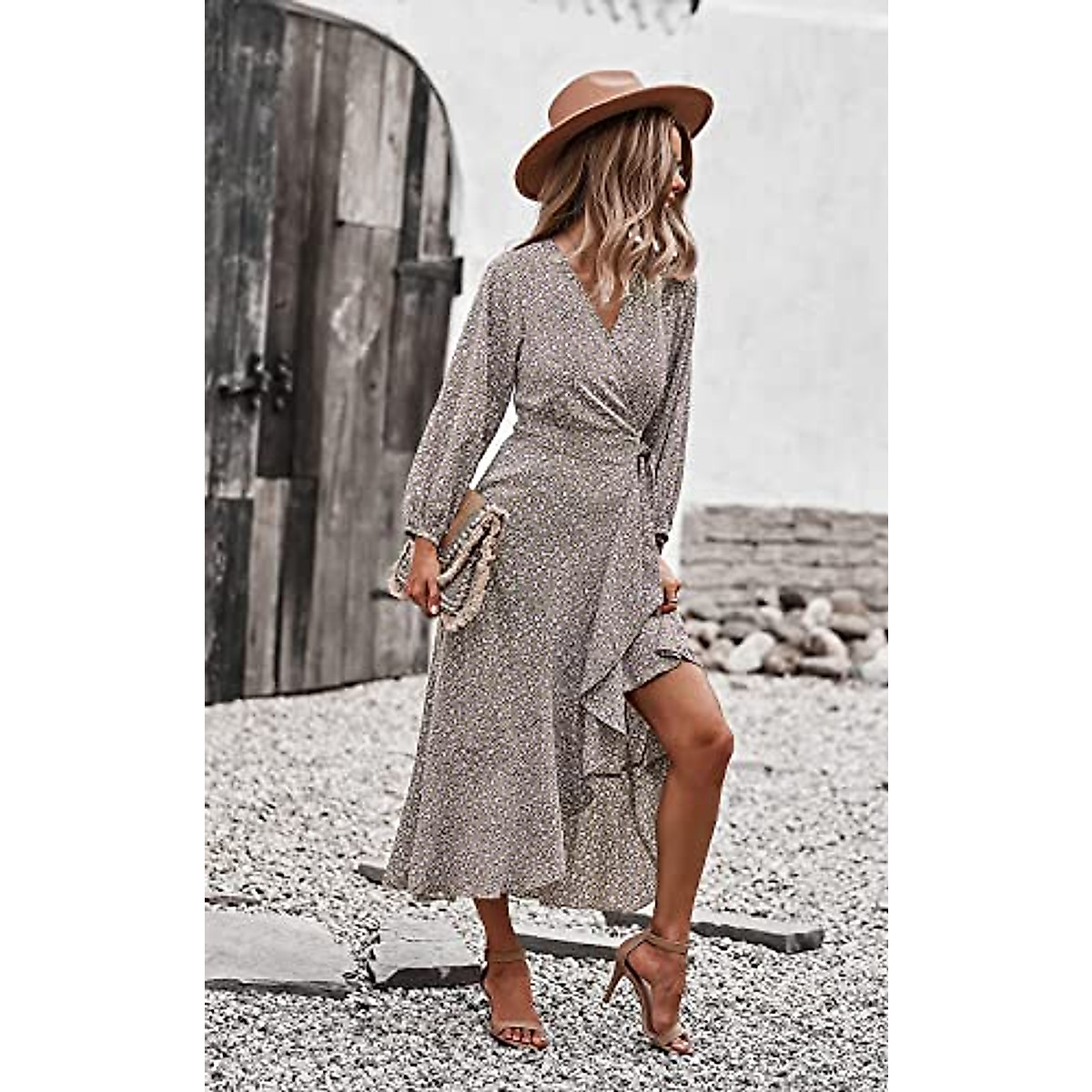 PRETTYGARDEN Women's Long Sleeve Vintage Flowy Dress Floral Print V-Neck Maxi Dresses with Belt (Khaki,Medium)