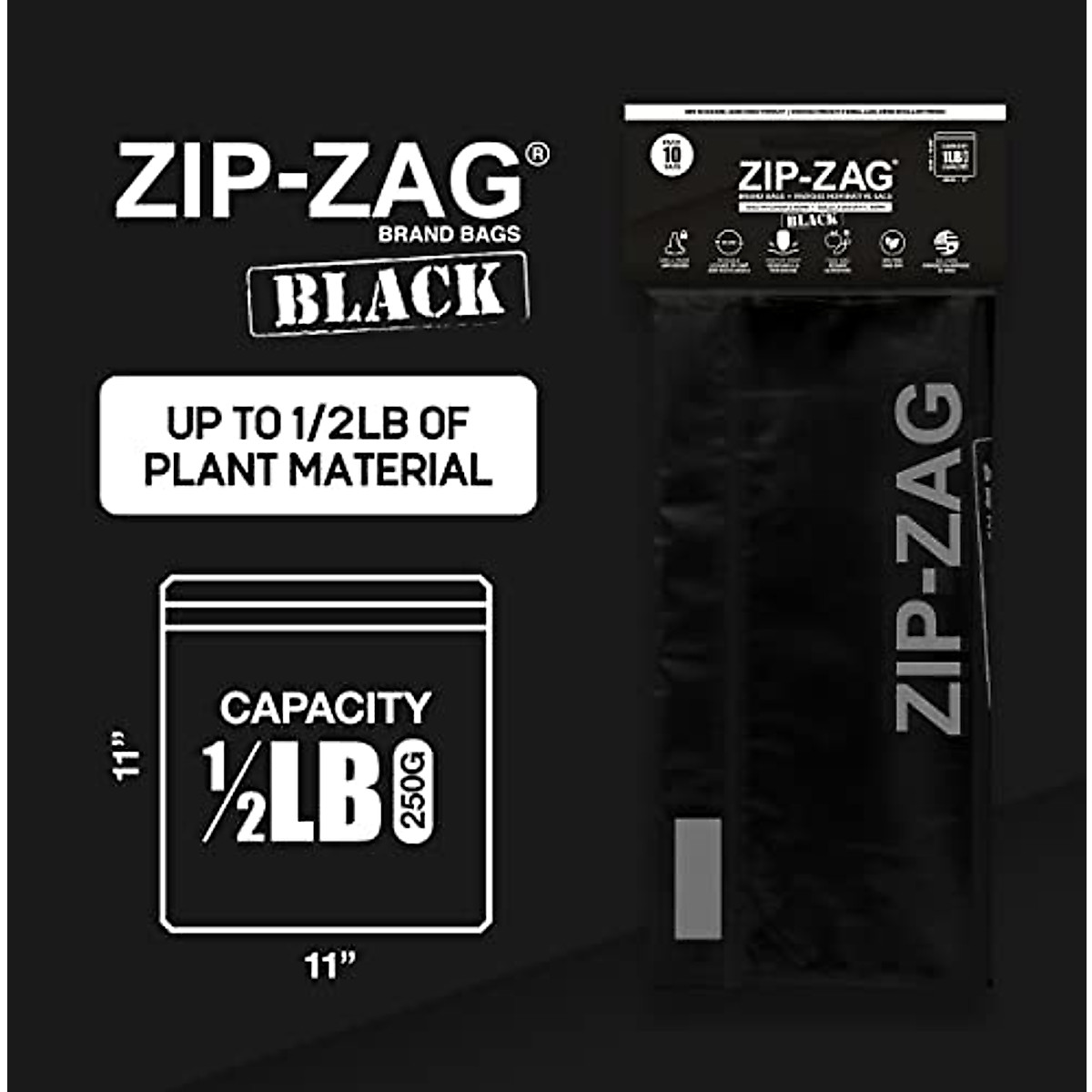 Zip-Zag BLACK 10 Half Pound Bags - Airtight Bags, Resealable, Reusable, Anti-Puncture, Washable, Food Safe, Treated for no Static, for Dry Herbs and Spices