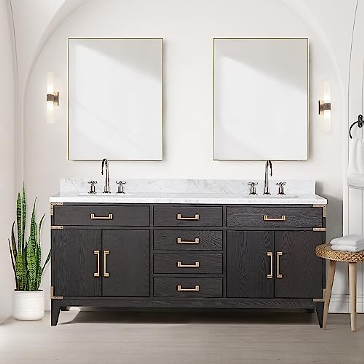 Bell+Modern Harbor 72 in W x 22 in D Black Oak Double Bath Vanity and Carrara Marble Top