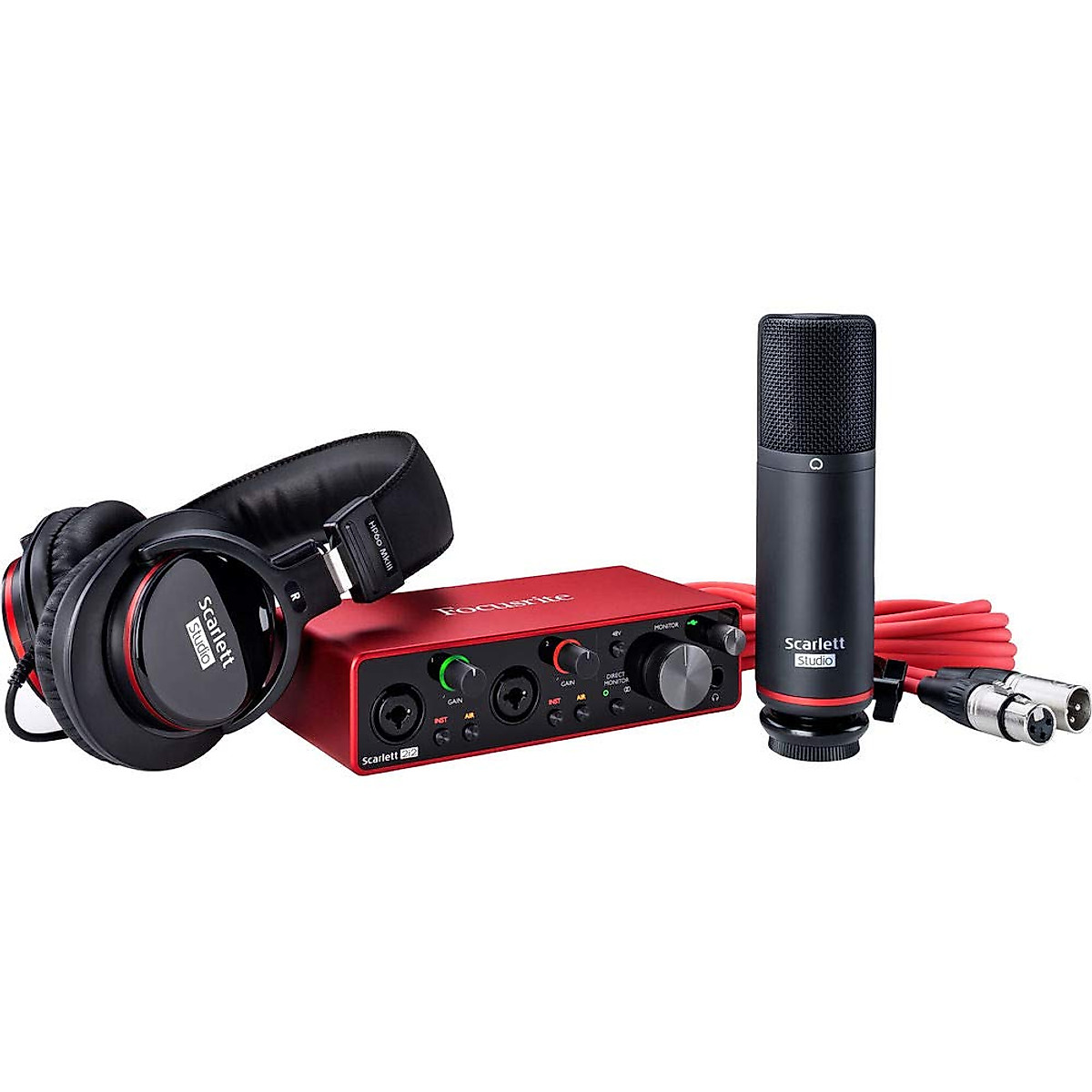 Focusrite Scarlett 2i2 Studio 3rd Gen 2-in, 2-out USB Audio Interface with Microphone & Headphones, Tripod Mic Stand + Boom, Headphone Holder, Pop Filter & 2x XLR Cable Bundle