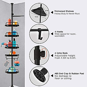 Vailge Constant Tension Corner Shower Caddy, Stainless Steel Pole, 5-Shelf, Rustproof, Strong and Sturdy, Black