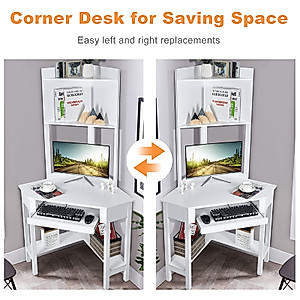 IFANNY Corner Computer Desk with Hutch, Triangle Corner Desk w/Keyboard Tray and Bookshelves, Corner Writing Desk with Storage Shelves, Small Corner Desks for Small Spaces (White)