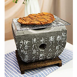 Ebros Gift Japanese Cuisine Tabletop Shichirin Konro Compact Movable Charcoal Grill BBQ Cooking Stove With Stainless Steel Wire Mesh Grill And Wooden Base For Yakitori Hibachi Yakiniku (Gray Black)