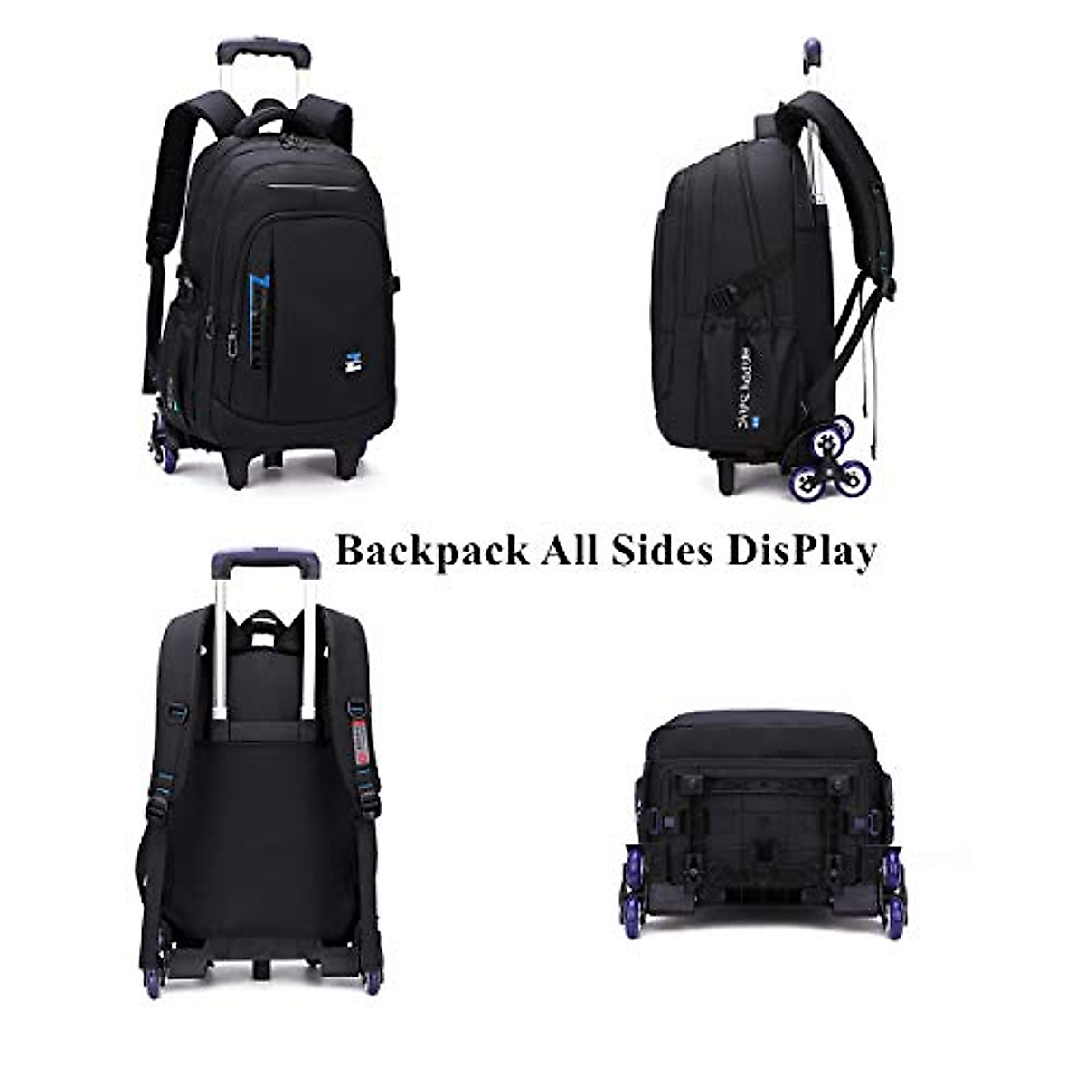 Black Kids Boys Rolling Backpack Teens Carry-on Luggage with Wheels Trolly BookBag for School-2 Wheels