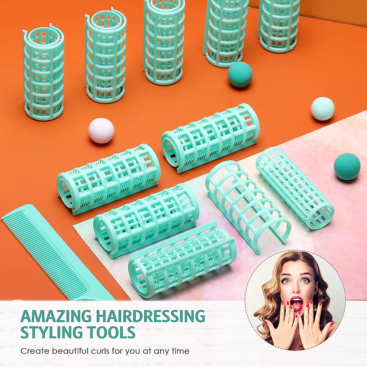 Syhood 12 Pieces Snap Hair Roller, Large Size Plastic Hair Rollers Curlers with Rat Tail Comb for Hairdressing Styling Tools(6.8 x 2.5 cm,Light Green)