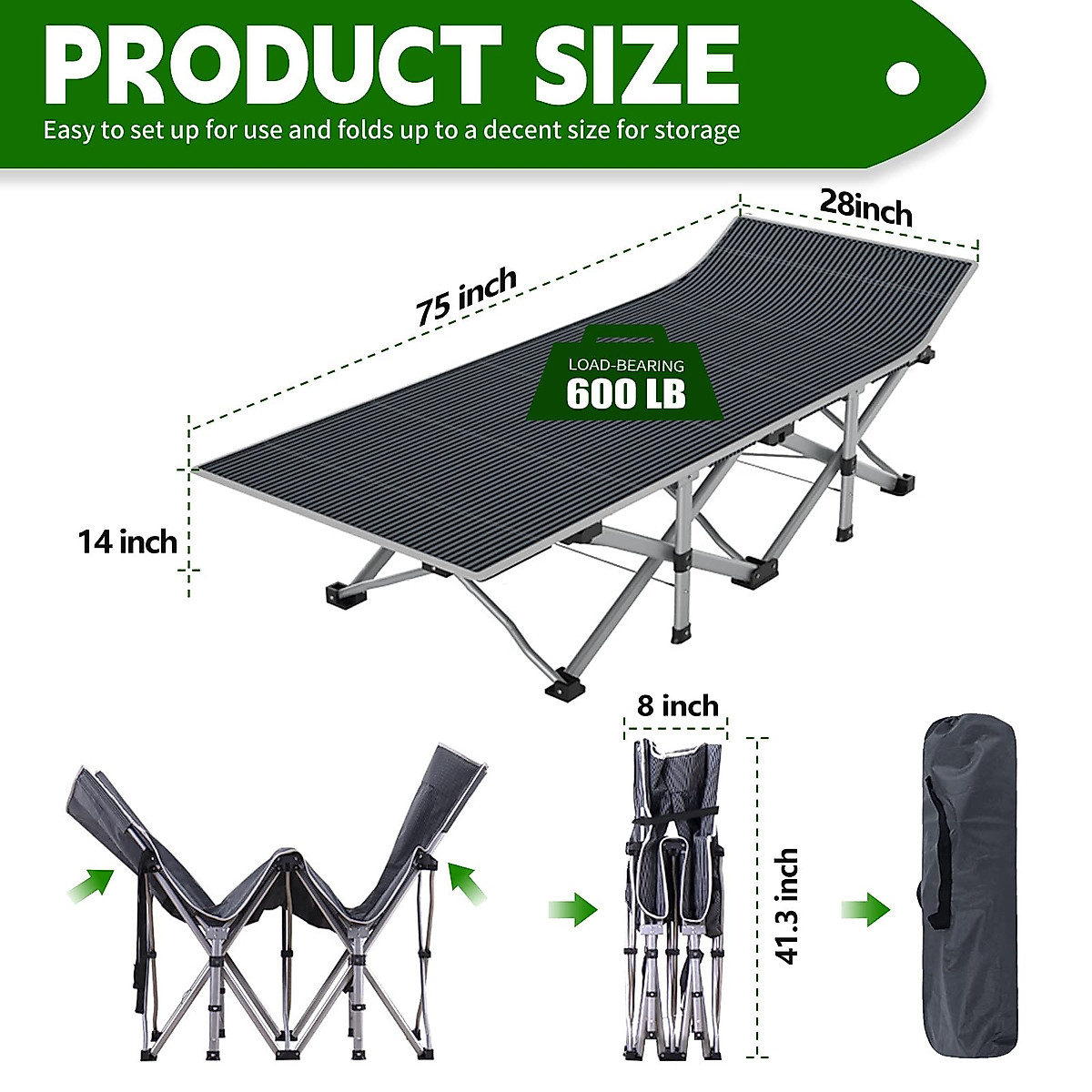 NAIZEA Folding Camping Cots for Adults, Folding Cot with Mattress Camping Bed Camp Cot Portable Military Cot, Double Layer Oxford Strong Heavy Duty Sleeping Cots with Carry Bag for Camp Office Use