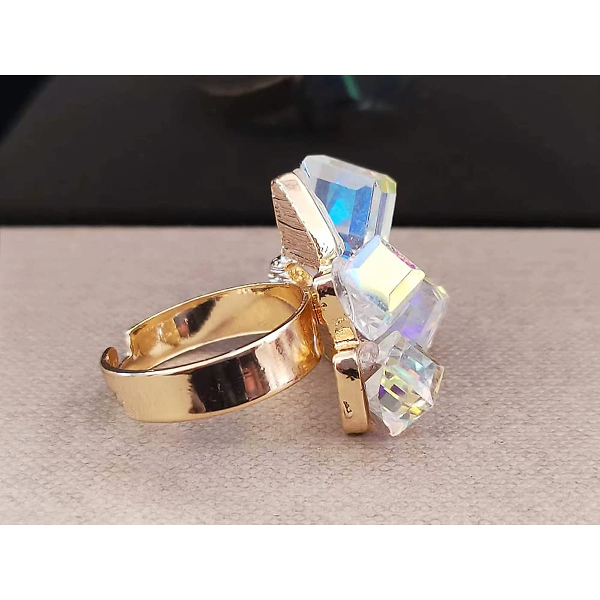 Boho Square Crystal Statement Ring for Women Girls Gold Plated Adjustable Expandable Promise Engagement Geometric Rings Comfort Fit Elegant Art Deco Birthday Christmas Cocktail Party Y2K Jewelry Gift