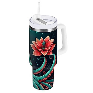 Octopus Flower Stainless Steel Tumblers with Straw and Handle for Water, Tumbler Cups 30 OZ / 0.89 L