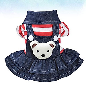 POPETPOP Denim Dog Dress - Cute Red Stripe Plush Bear Cowboy Pet Skirt, Pet Clothes for Small Medium Large Dogs Puppy, Pet Costumes