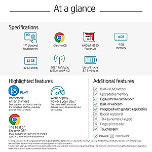 HP Chromebook 14-inch Laptop with 180-Degree -Hinge, Touchscreen Display, AMD Dual-Core A4-9120 Processor, 4 GB SDRAM, 32 GB eMMC Storage, Chrome OS (14-db0090nr, Ink Blue)