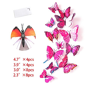 JYPHM 24PCS 3D Butterfly Wall Decal Double Wings Removable Refrigerator Magnets Stickers Decor for Kids Room Decoration Home and Bedroom Art Mural Red