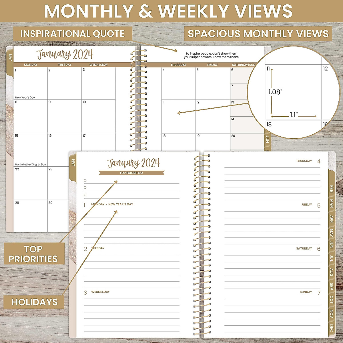 bloom daily planners 2024 Pocket Planner - 4” x 6” - (January 2024 - December 2024) - MINI Weekly/Monthly Agenda Organizer & Calendar Book - Brushed Beige