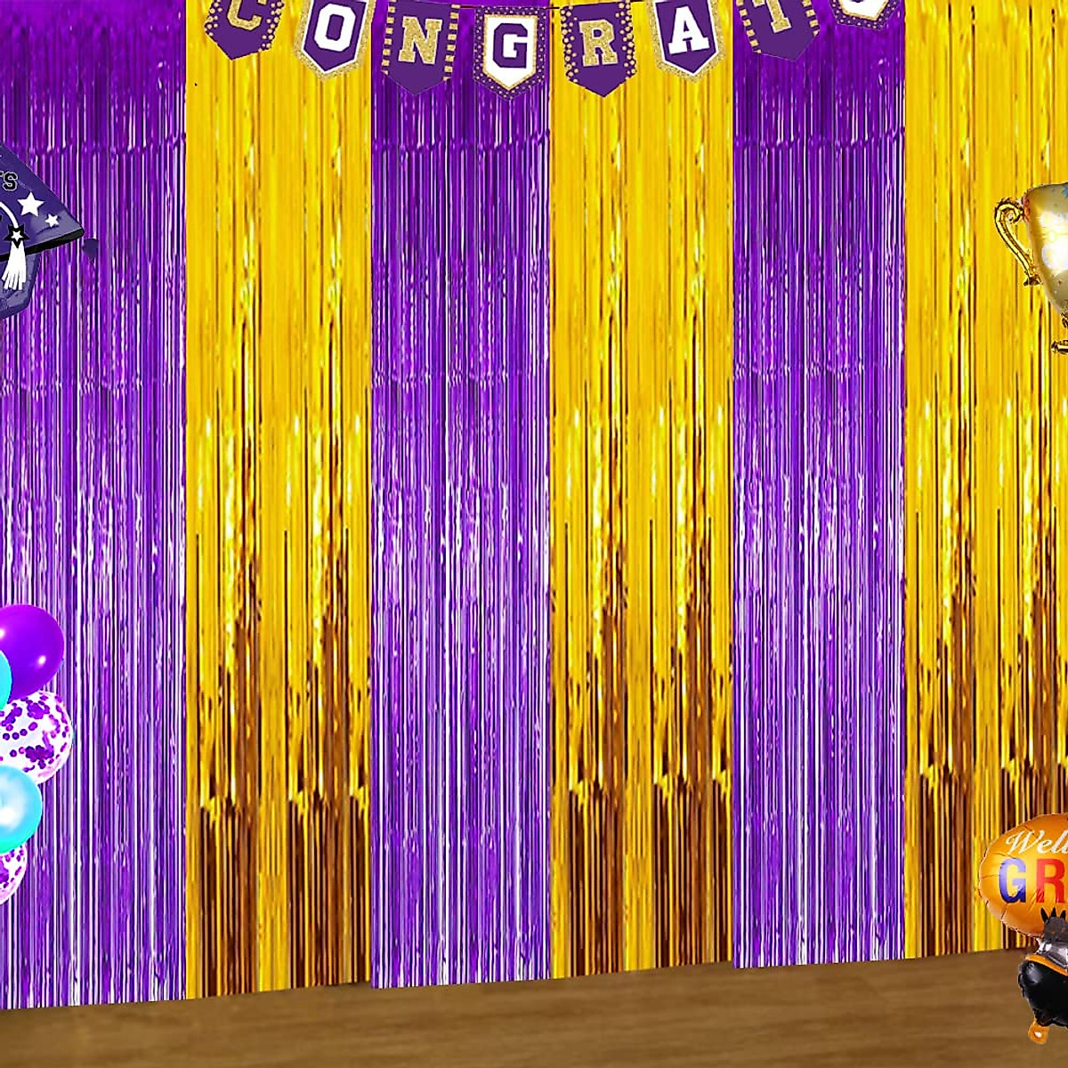 Purple and Gold Party Decoration, Purple Gold Graduation Backdrop 2025, Purple Gold Backdrop Foil Fringe Curtains Photo Streamers for Baby Shower Islamic Eid Mubarak Party Decor (3 Pack)